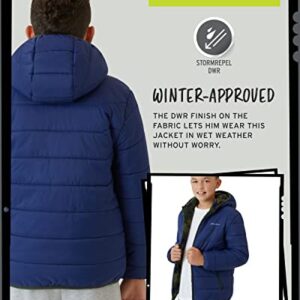 Eddie Bauer Boys' Reversible Jacket - Deer Harbor Waterproof Lightweight Puffer Coat with Faux Shearling Lining (5-20), Size 18-20, Navy