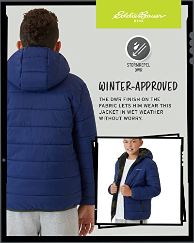 Eddie Bauer Boys' Reversible Jacket - Deer Harbor Waterproof Lightweight Puffer Coat with Faux Shearling Lining (5-20), Size 18-20, Navy