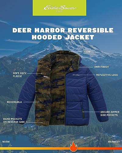 Eddie Bauer Boys' Reversible Jacket - Deer Harbor Waterproof Lightweight Puffer Coat with Faux Shearling Lining (5-20), Size 18-20, Navy