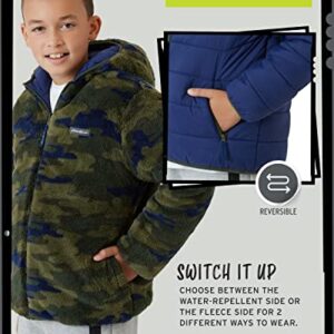 Eddie Bauer Boys' Reversible Jacket - Deer Harbor Waterproof Lightweight Puffer Coat with Faux Shearling Lining (5-20), Size 18-20, Navy