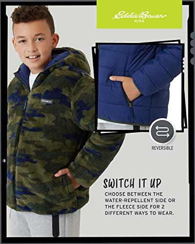 Eddie Bauer Boys' Reversible Jacket - Deer Harbor Waterproof Lightweight Puffer Coat with Faux Shearling Lining (5-20), Size 18-20, Navy