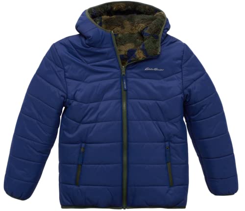 Eddie Bauer Boys' Reversible Jacket - Deer Harbor Waterproof Lightweight Puffer Coat with Faux Shearling Lining (5-20), Size 18-20, Navy