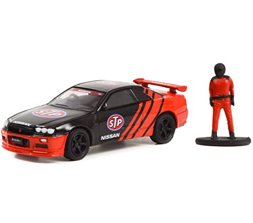 1999 Skyline (R34) RHD Right Hand Drive Black & Red STP & Race Car Driver Figure The Hobby Shop Series 13 1/64 Diecast Model Car by Greenlight 97130 E