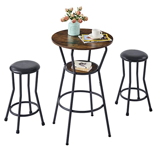 Hoctieon Round Bar Table with 2 Stools, Bar Table and Chairs Set, 2-Tier Pub Table and Chairs Set of 2, Bistro Table and Chairs Set of 2 for Small Space, Living Room, Easy Assembly, Rustic Brown