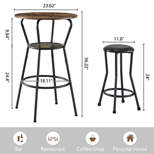 Hoctieon Round Bar Table with 2 Stools, Bar Table and Chairs Set, 2-Tier Pub Table and Chairs Set of 2, Bistro Table and Chairs Set of 2 for Small Space, Living Room, Easy Assembly, Rustic Brown