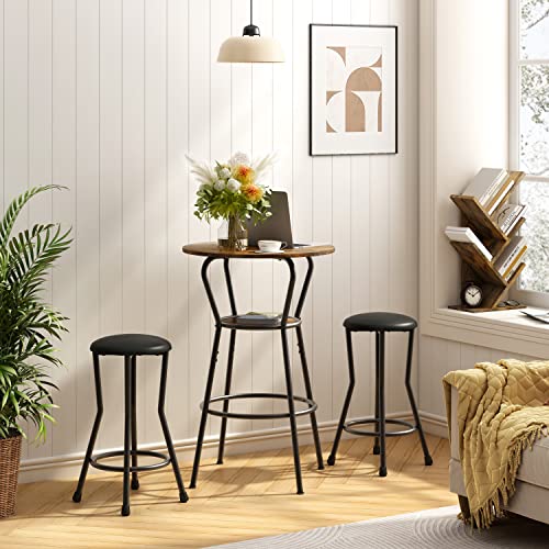 Hoctieon Round Bar Table with 2 Stools, Bar Table and Chairs Set, 2-Tier Pub Table and Chairs Set of 2, Bistro Table and Chairs Set of 2 for Small Space, Living Room, Easy Assembly, Rustic Brown