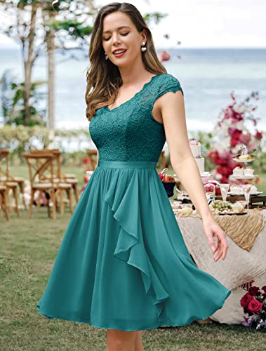 Wedtrend Women Short Lace Bridesmaid Dresses with Cap-Sleeve Wedding Guest Dresses Floral Chiffon Semi Formal Dresses, Ruffle Modest Juniors Short Prom Dress for Cocktail Party WT0212PeacockGreenM