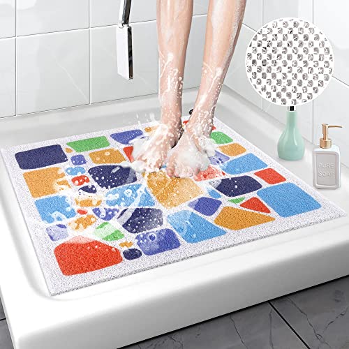 Darhoo Shower Mat Non Slip, 24 x 24 Inches Square Shower Floor Mats for Inside Showers, PVC Loofah Shower Bath Mat with Drainage Holes, Quick Dry Shower Anti Slip Stall Bathmat for Bathroom, Elderly