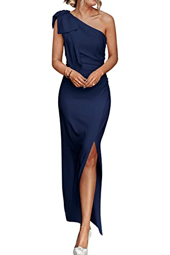 PRETTYGARDEN Women's Summer One Shoulder Long Formal Dresses Sleeveless Ruched Bodycon Wedding Guest Slit Maxi Dress (Navy,Large)