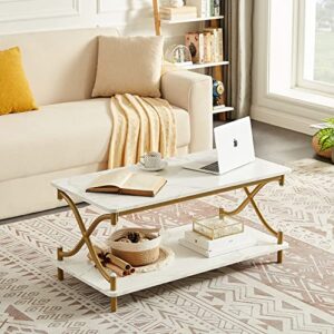 VECELO White and Gold Coffee Table with Storage and Open Shelves for Living Dining Room 39-Inch, Modern Rectangle & Industrial Design, X-Shape Frame, Easy Assemble