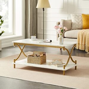 VECELO White and Gold Coffee Table with Storage and Open Shelves for Living Dining Room 39-Inch, Modern Rectangle & Industrial Design, X-Shape Frame, Easy Assemble