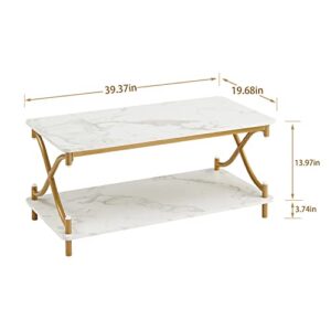 VECELO White and Gold Coffee Table with Storage and Open Shelves for Living Dining Room 39-Inch, Modern Rectangle & Industrial Design, X-Shape Frame, Easy Assemble