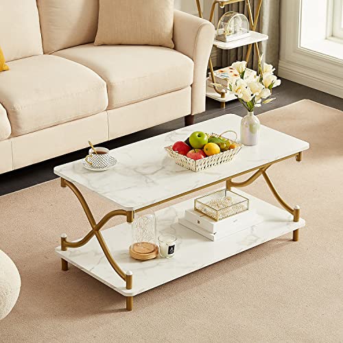 VECELO White and Gold Coffee Table with Storage and Open Shelves for Living Dining Room 39-Inch, Modern Rectangle & Industrial Design, X-Shape Frame, Easy Assemble