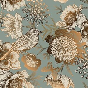 rewallpaper vintage gold floral wallpaper garden bird flower peel and stick wallpaper for bedroom accent wall 17.5in x 10ft dark cyan teal contact paper for cabinets peel & stick vinyl wall paper