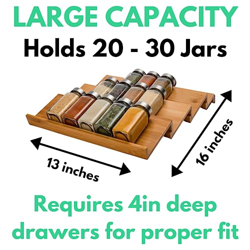 Green Stand Market - Spice Drawer Organizer Insert - Drawer Spice Rack Organizer - Fits 4" Deep Drawers - 13" Wide - Holds 20 to 30 Jars - 4-Tier Spice Organizer - Organization for Deep Drawers -