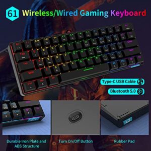 NACODEX STK61 2.4Ghz Wireless/Bluetooth/Wired 60% Mechanical Keyboard | 1000mAh Ultra Compact Rainbow Backlit Gaming Keyboard Wired Programmable for Win/Mac/PC Gamer