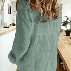 Astylish Ladies Long Sleeve V Neck Blouses Linen Button Down Polo Shirts Work Clothes for Women Office Light Green Medium