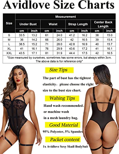 Avidlove One Piece Bodysuit for Women with Garter Belt Strappy Lingerie with Skull Print Teddy Sleepwear(Black, Small)