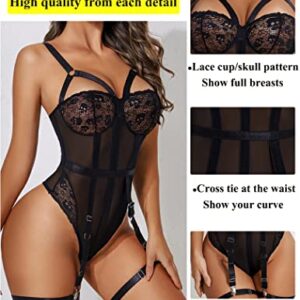 Avidlove One Piece Bodysuit for Women with Garter Belt Strappy Lingerie with Skull Print Teddy Sleepwear(Black, Small)