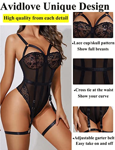 Avidlove One Piece Bodysuit for Women with Garter Belt Strappy Lingerie with Skull Print Teddy Sleepwear(Black, Small)