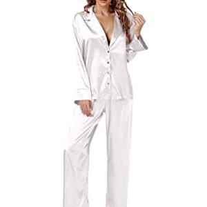 LYANER Women's Satin Silky Pajama Set Long Sleeeve Top With Long Pants Set PJ Loungewear White Small