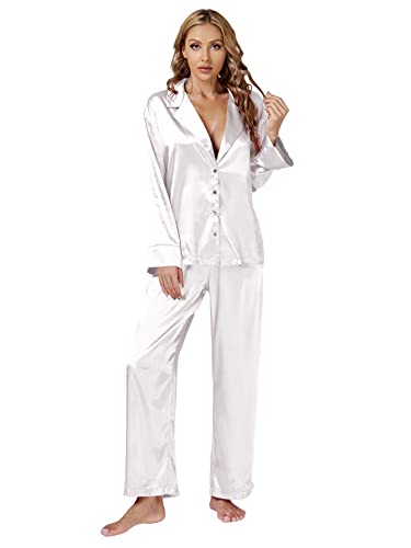 LYANER Women's Satin Silky Pajama Set Long Sleeeve Top With Long Pants Set PJ Loungewear White Small