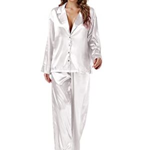 LYANER Women's Satin Silky Pajama Set Long Sleeeve Top With Long Pants Set PJ Loungewear White Small