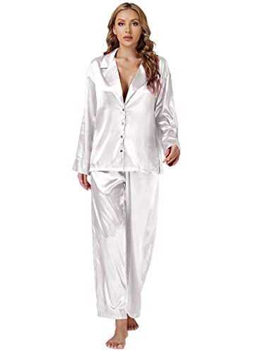 LYANER Women's Satin Silky Pajama Set Long Sleeeve Top With Long Pants Set PJ Loungewear White Small