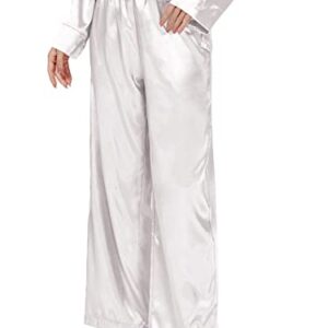 LYANER Women's Satin Silky Pajama Set Long Sleeeve Top With Long Pants Set PJ Loungewear White Small