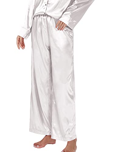 LYANER Women's Satin Silky Pajama Set Long Sleeeve Top With Long Pants Set PJ Loungewear White Small