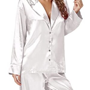 LYANER Women's Satin Silky Pajama Set Long Sleeeve Top With Long Pants Set PJ Loungewear White Small