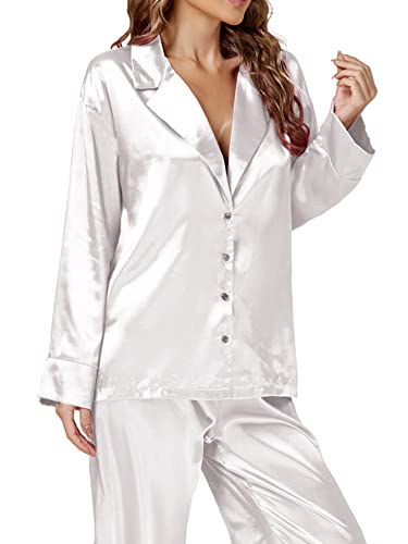 LYANER Women's Satin Silky Pajama Set Long Sleeeve Top With Long Pants Set PJ Loungewear White Small