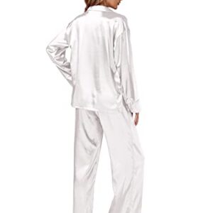 LYANER Women's Satin Silky Pajama Set Long Sleeeve Top With Long Pants Set PJ Loungewear White Small