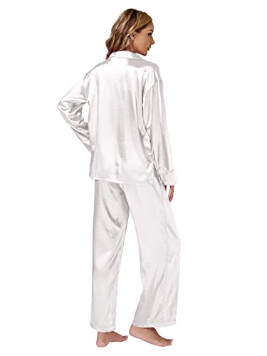 LYANER Women's Satin Silky Pajama Set Long Sleeeve Top With Long Pants Set PJ Loungewear White Small