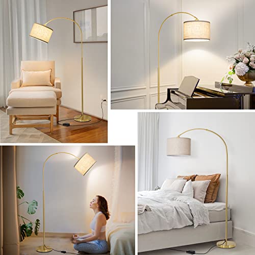 Gold Arc Floor Lamp, Dimmable Floor Lamp for Living Room, Mordern Standing Lamp with Adjustable Lamp Head, Tall Pole Lamp Over Couch Arched Light for Reading, Bedroom, Office, 9W LED Bulb Included