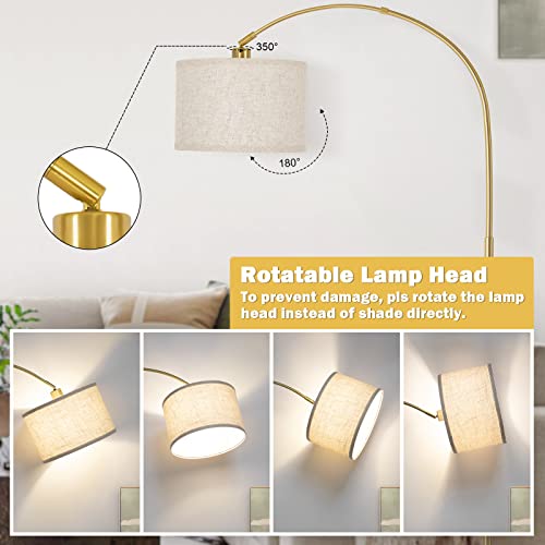 Gold Arc Floor Lamp, Dimmable Floor Lamp for Living Room, Mordern Standing Lamp with Adjustable Lamp Head, Tall Pole Lamp Over Couch Arched Light for Reading, Bedroom, Office, 9W LED Bulb Included