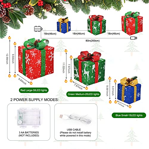 AMZXMAS 3 PCS Outdoor Indoor Christmas Decorations Christmas Lighted Gift Boxes Décor,Pre-lit 65 LED Lights Up Christmas Tree Skirt Ornament with Bows, for Holiday Party Christmas Home Yard (A1)