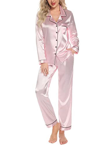 Pjmlifecoco Lounge Set Women's Silk Soft Sleepwear Satin Long Sleeve Two Piece Pajamas Pj Set Pink