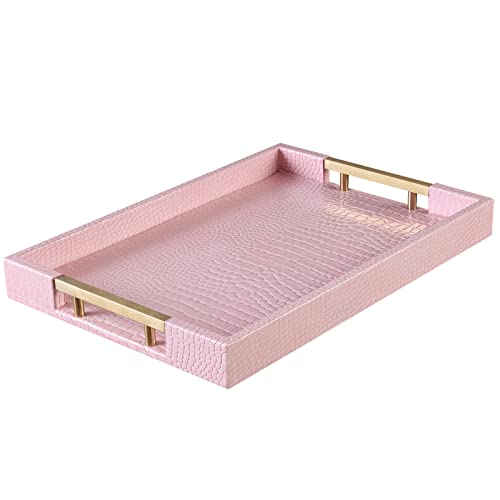 Serving Tray with Handles, 17.1”x11.8” PU Leather Ottoman Tray, Rectangle Coffee Table Tray, Modern Elegant Decorative Tray for Breakfast Tea Food Drinks Jewelry Living Room Kitchen Vanity,Pink