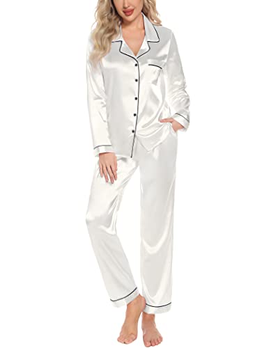 Pjmlifecoco Women's Silk Pjs Set Satin Long Pajamas Top and Pants 2 Pieces Sleepwear with Pockets White