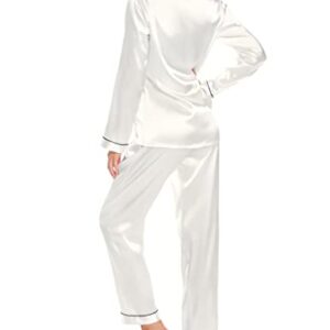 Pjmlifecoco Women's Silk Pjs Set Satin Long Pajamas Top and Pants 2 Pieces Sleepwear with Pockets White