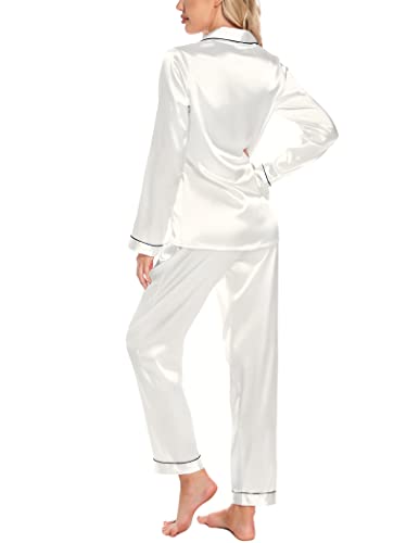 Pjmlifecoco Women's Silk Pjs Set Satin Long Pajamas Top and Pants 2 Pieces Sleepwear with Pockets White