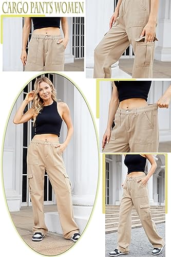 QYANGG High Waist Cargo Pants Women Stretch Baggy Cargo Pants Women Multiple Pockets Relaxed Fit Straight Wide Leg Y2K Pants Khaki