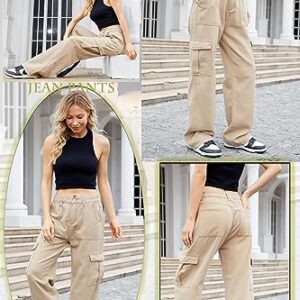 QYANGG High Waist Cargo Pants Women Stretch Baggy Cargo Pants Women Multiple Pockets Relaxed Fit Straight Wide Leg Y2K Pants Khaki