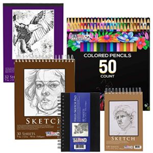 u.s. art supply 50 piece adult coloring book artist grade colored pencil set with 4 styles of sketching & drawing paper - sketching shading blending, students adults beginners