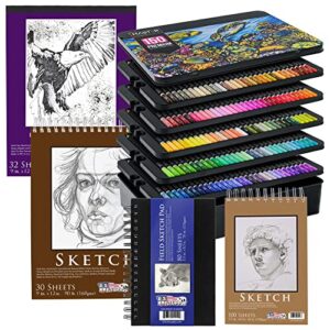 master 150 colored pencil mega tin set with premium soft thick core vibrant color leads with 4 different sketching & drawing paper pads - artist art blending, shading, layering, adult coloring books