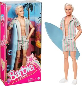 barbie the movie ken doll wearing pastel pink and green striped beach matching set with surfboard and white sneakers