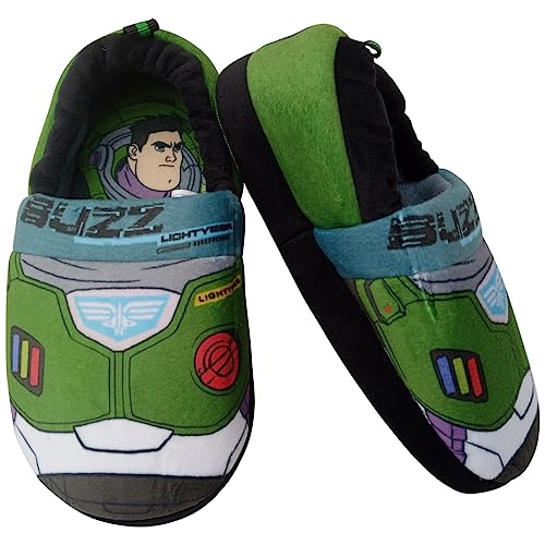 Disney Toy Story Slippers - Buzz Lightyear and Sheriff Woody Fuzzy PJ House Shoes - Boys Pajama Indoor Warm Slipper - Green/Black (size 9-10 Toddler)