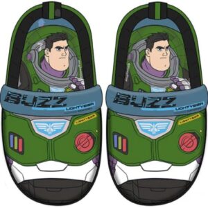 Disney Toy Story Slippers - Buzz Lightyear and Sheriff Woody Fuzzy PJ House Shoes - Boys Pajama Indoor Warm Slipper - Green/Black (size 9-10 Toddler)