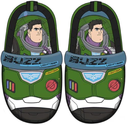 Disney Toy Story Slippers - Buzz Lightyear and Sheriff Woody Fuzzy PJ House Shoes - Boys Pajama Indoor Warm Slipper - Green/Black (size 9-10 Toddler)